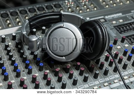 Close-up Of Boutique Recording Studio Control Desk, Dj Headphones For ...