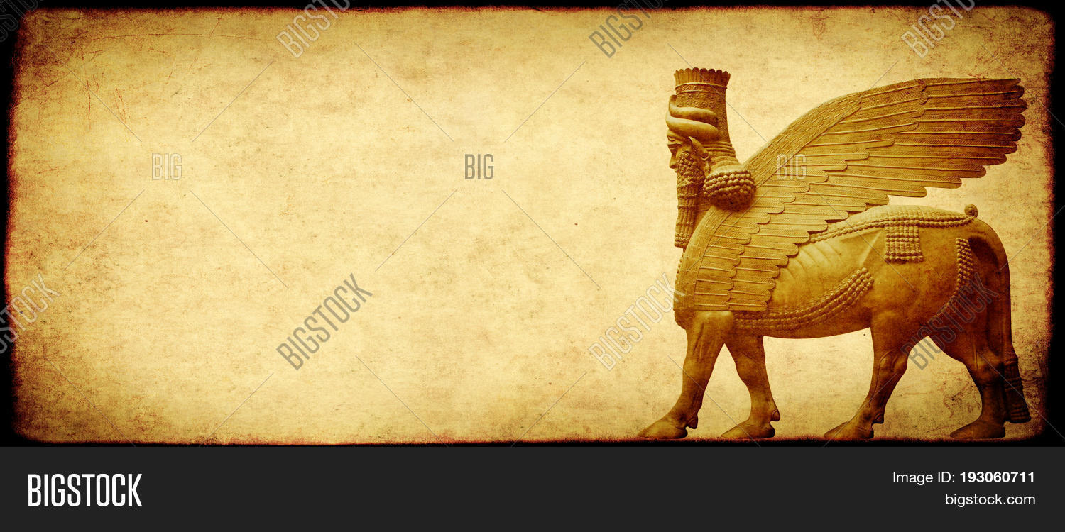 Grunge background with paper texture and lamassu - human-headed winged ...