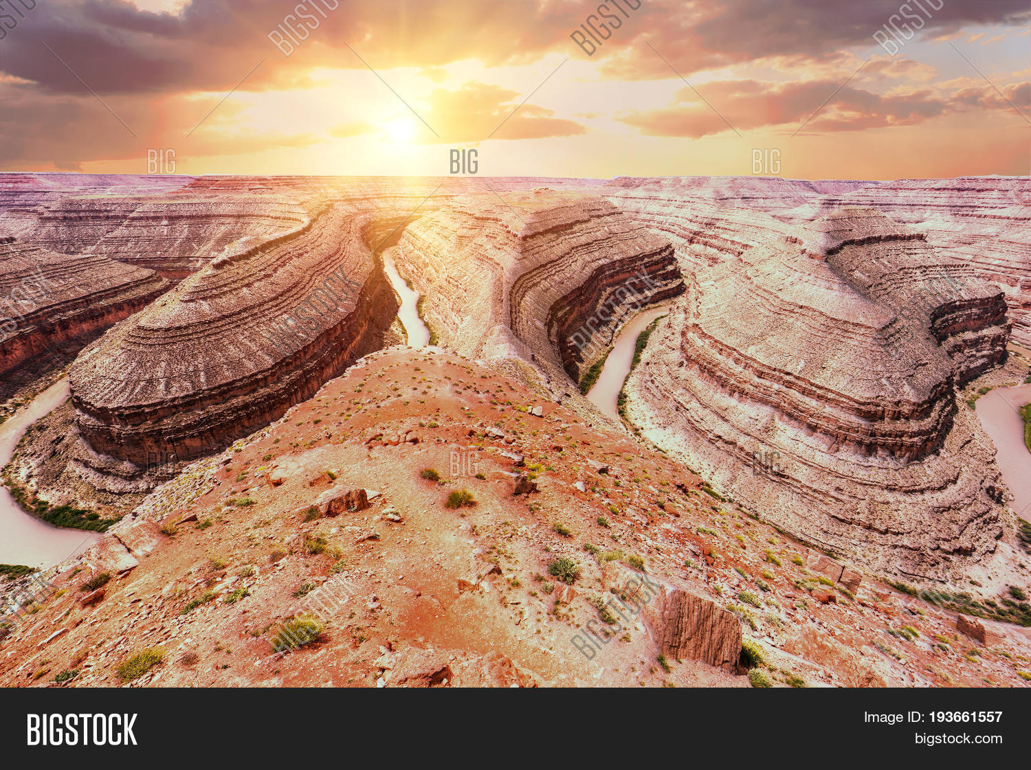 Goosenecks are a famous entrenched meanders on San Juan river. Sunset ...