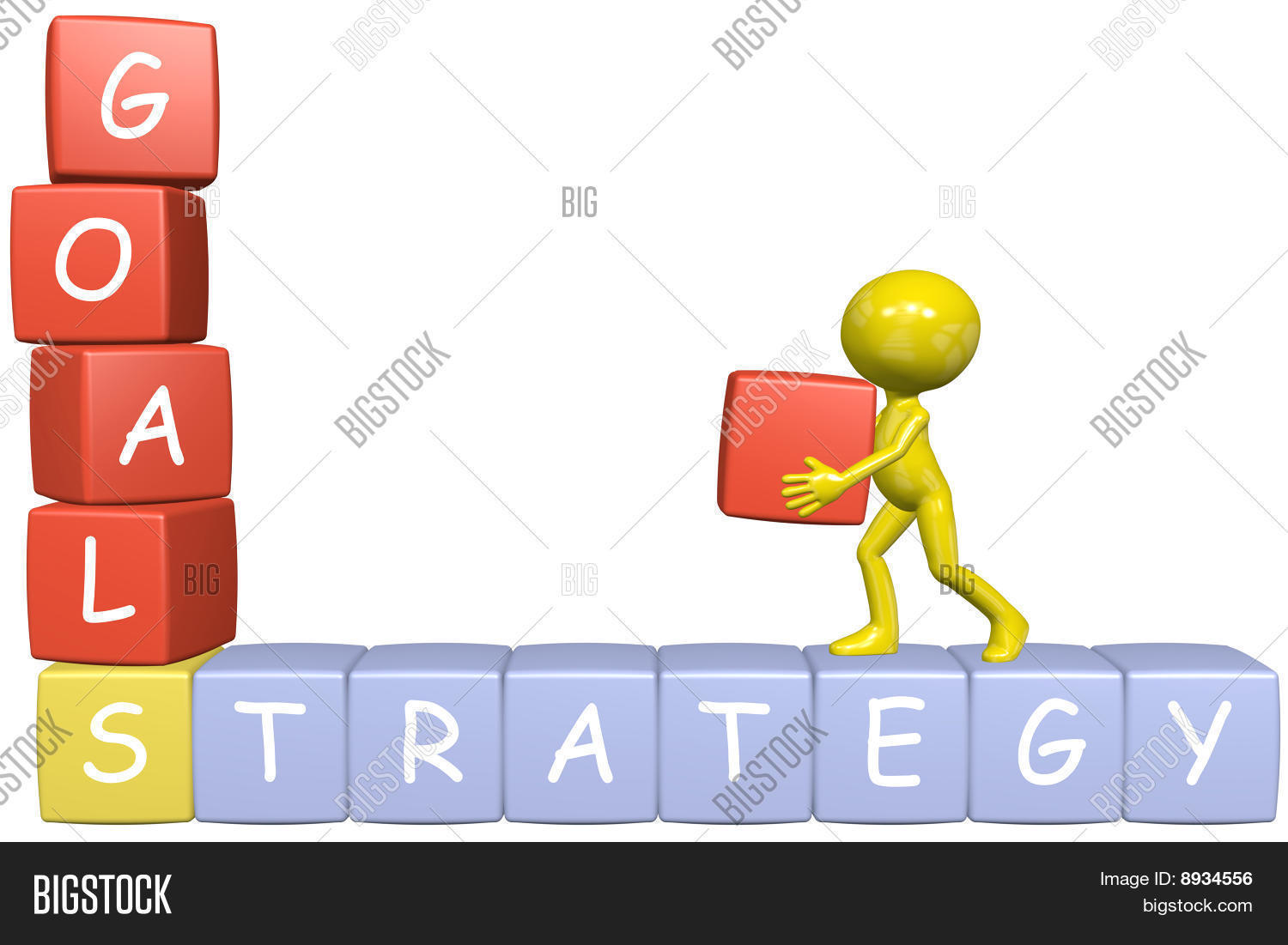 Goals Strategy 3D Cartoon Man Builds Business image & stock photo. 8934556