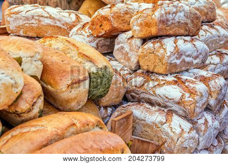 Traditional, rustic, homemade, bread, street, trading, stand, pastry ...