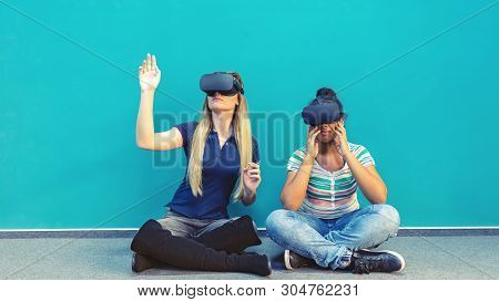 Happy Girlfriends Playing Vr Glasses Indoor - Virtual Reality And ...