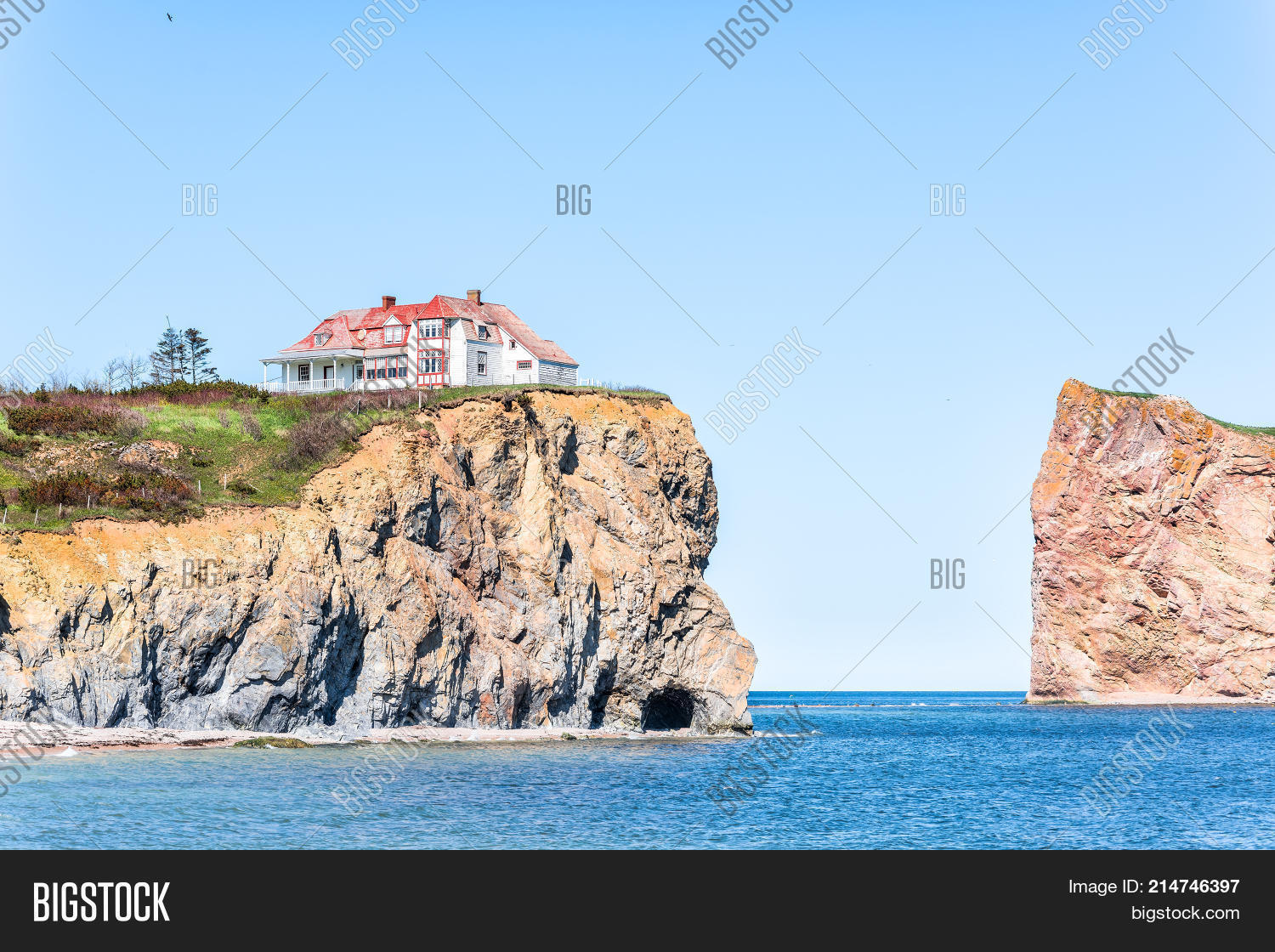 Red Painted Roof House On Cliff In Perce In Gaspe Peninsula, Quebec ...