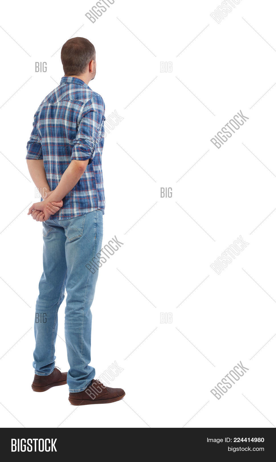 Back view of man in jeans. Standing young guy. Rear view people ...