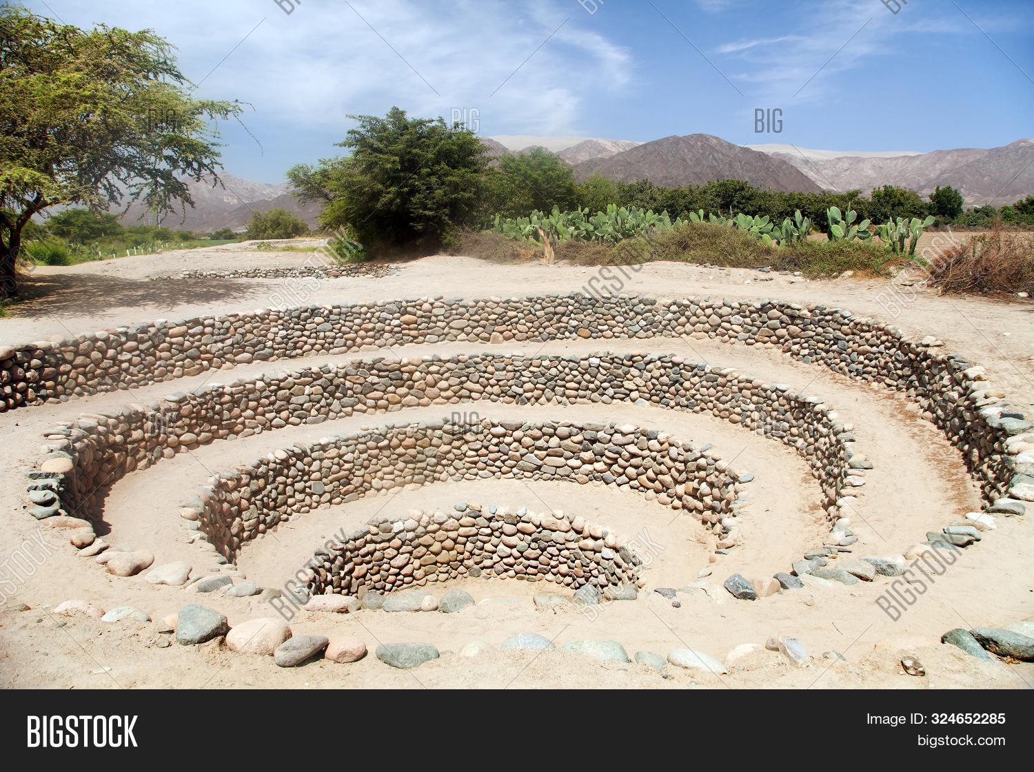 Cantalloc Aqueduct In Nazca, Spiral Or Circle Aqueducts Or Wells, Peru ...