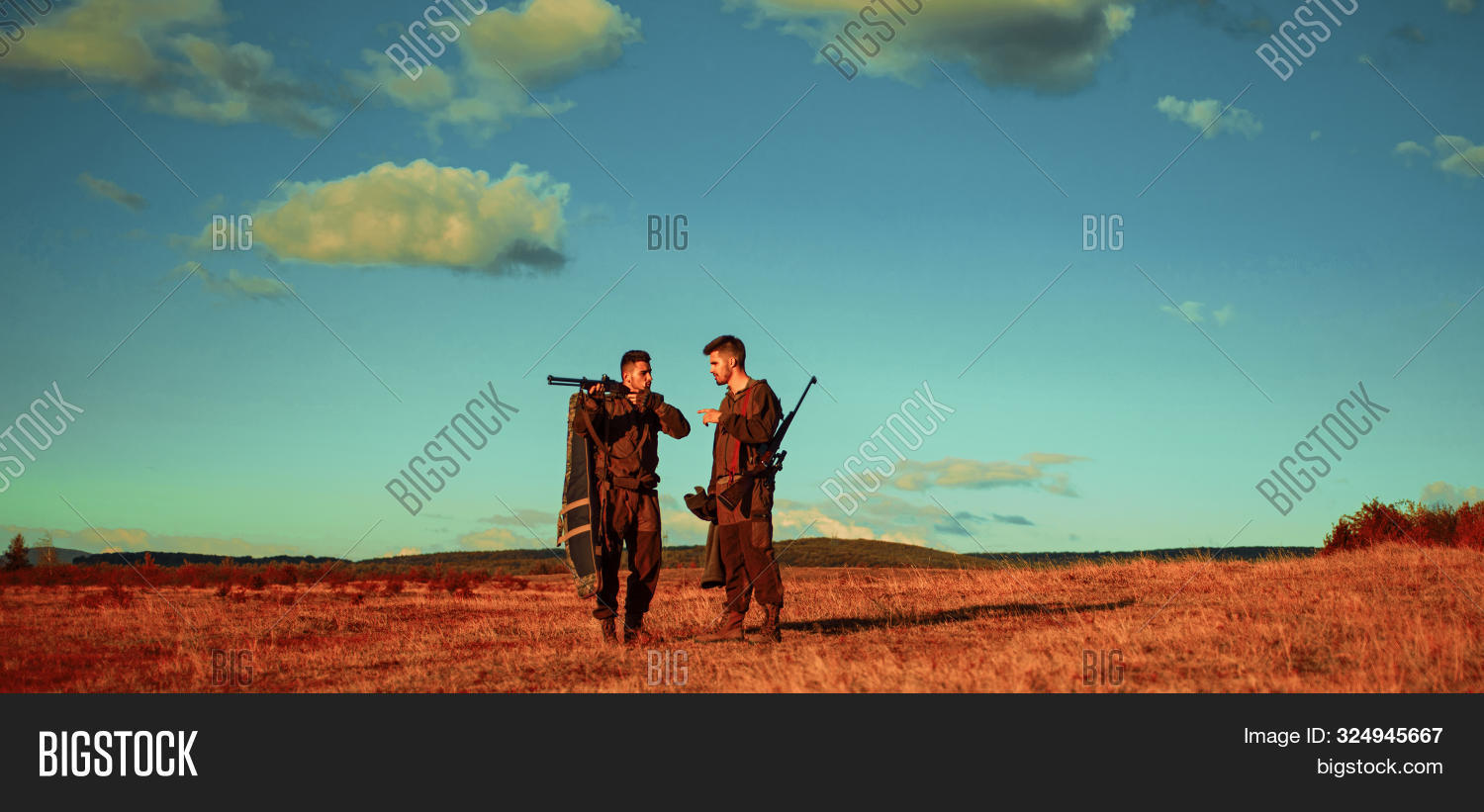 Hunters With Shotgun Gun On Hunt. Hunting Without Borders. Most ...