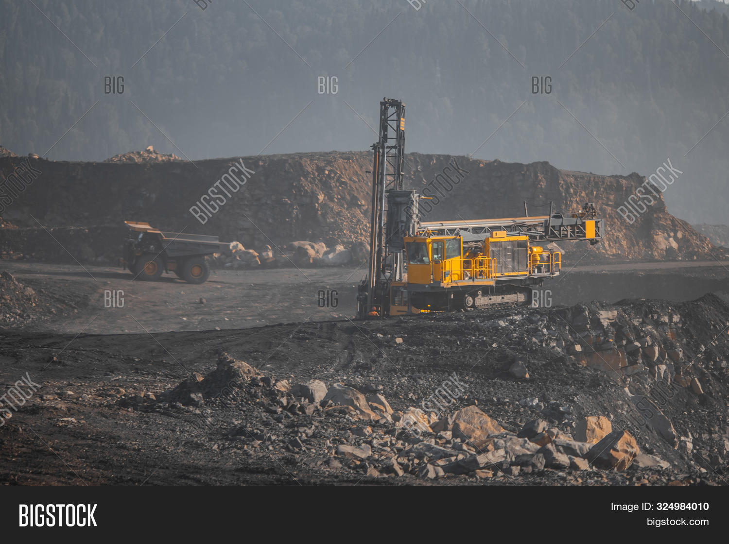 Open Mine Coal And Minerals From Bowels Soil Explosion. Drilling Rigs ...