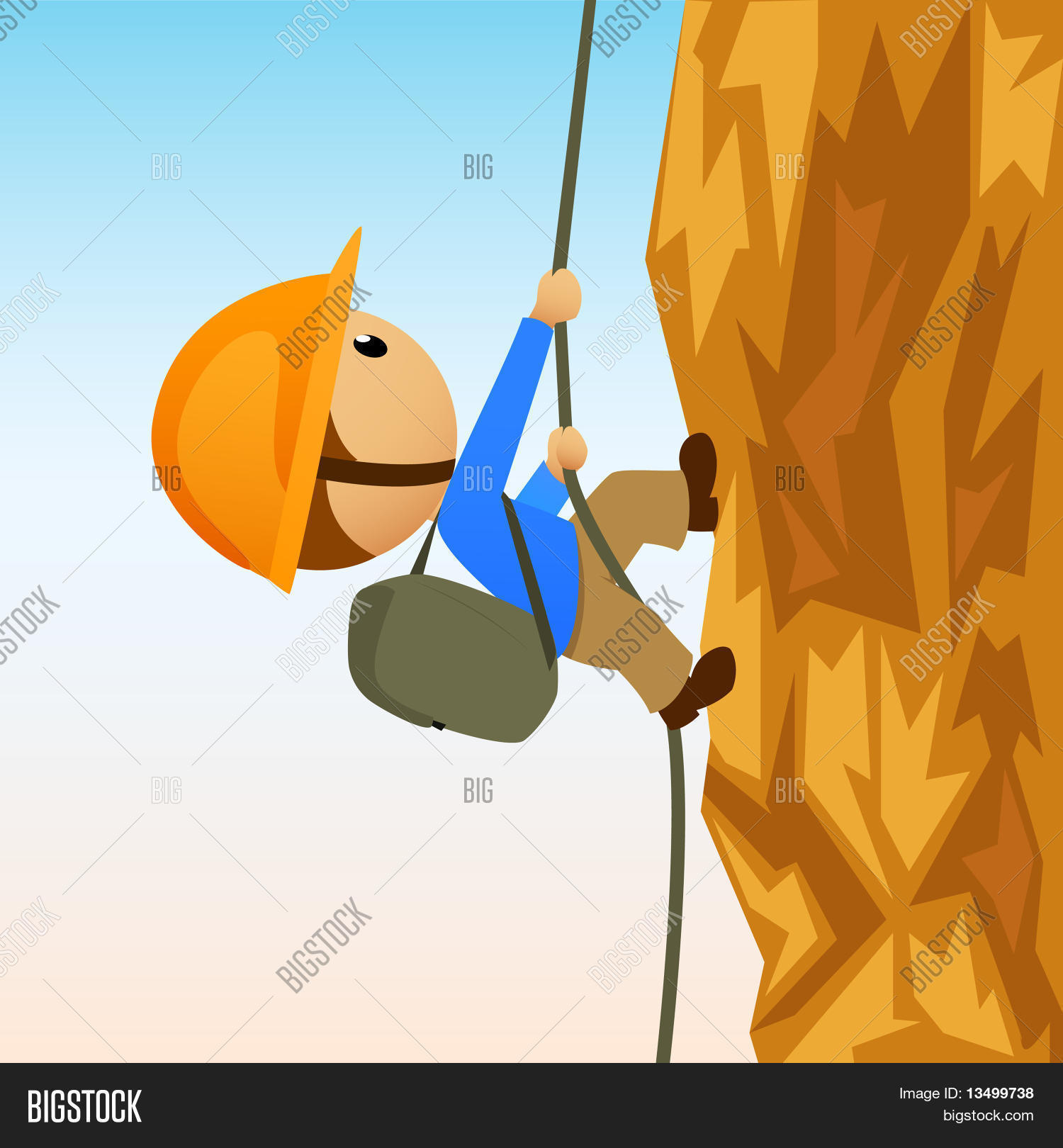 Cartoon Rock Climber On Vertical Cliffside image & stock photo. 13499738