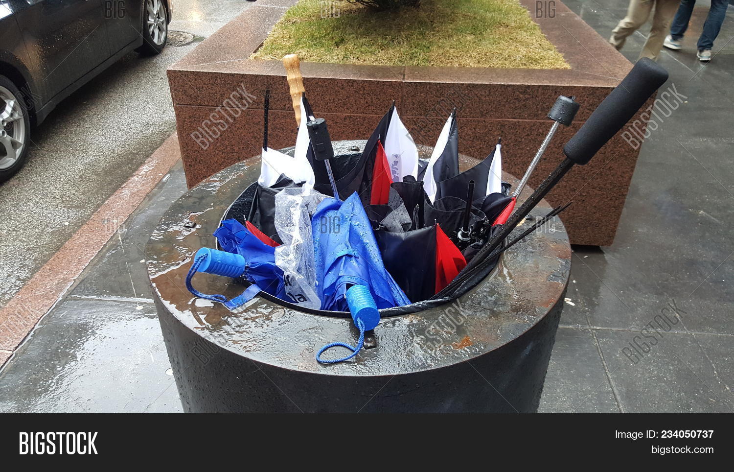 Umbrellas In A Garbage Trash Can Bin Destroyed By High Winds On A Windy ...
