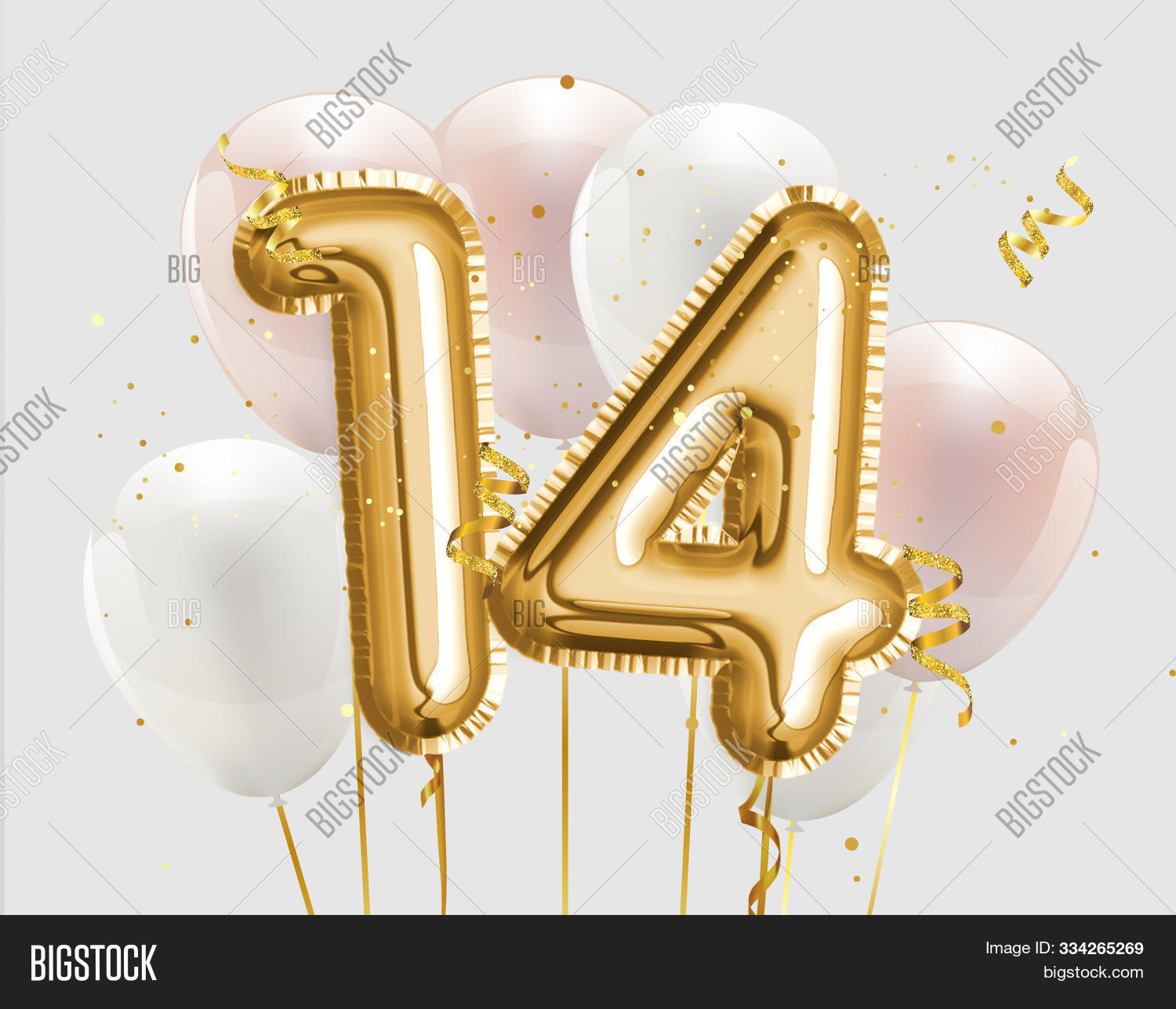 Happy 14th Birthday Gold Foil Balloon Greeting Background. 14 Years ...