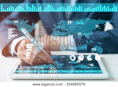 Businessman Analysis Trading Diagram At Tablet Computer. Statistical ...