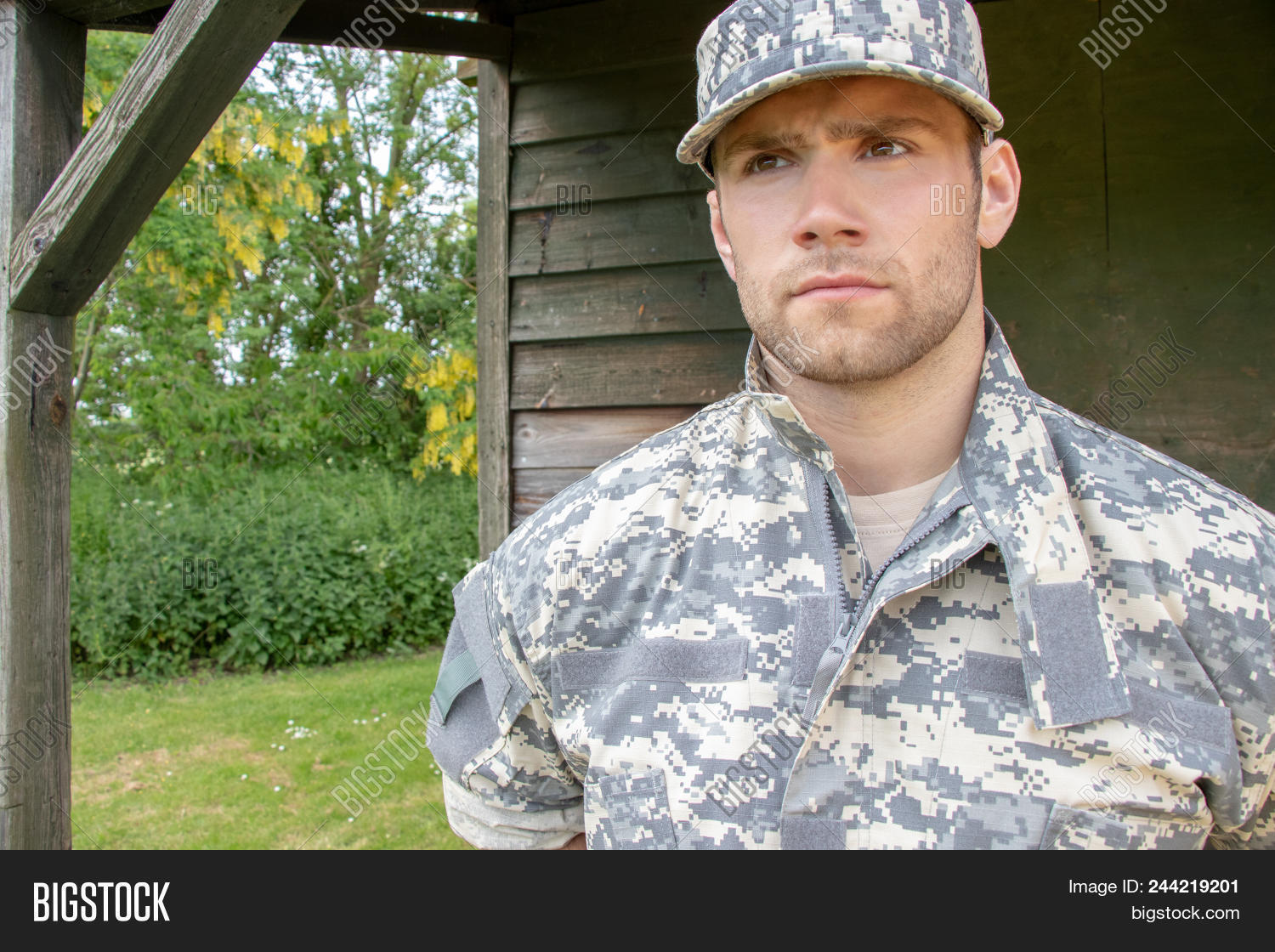Muscular Military Man In Army Fatigues And Cap Stands To Attention ...