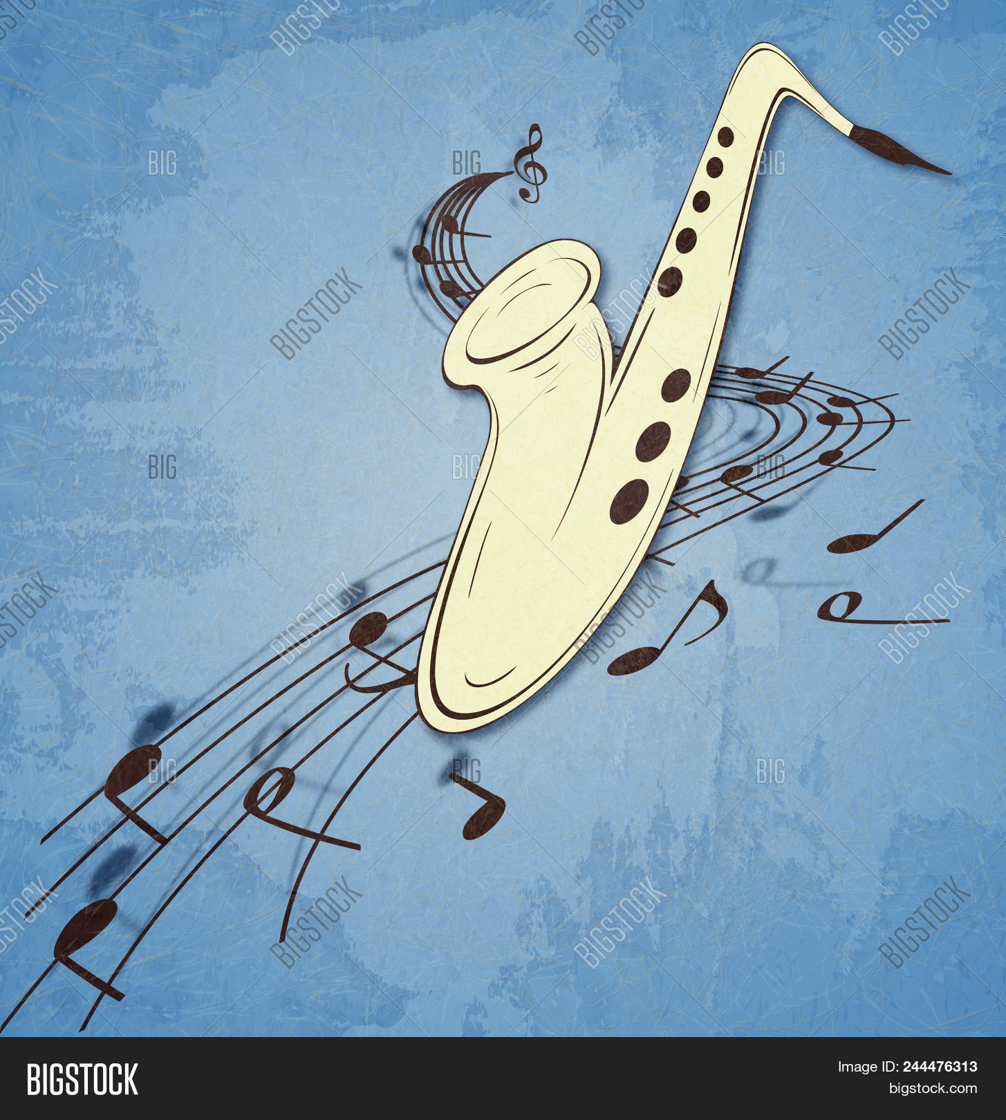 Illustration Of Saxophone And Musical Notes On Stave In Frame. Sax On ...