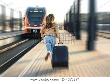 Woman Late From Train. Tourist Running And Chasing The Leaving Train In ...