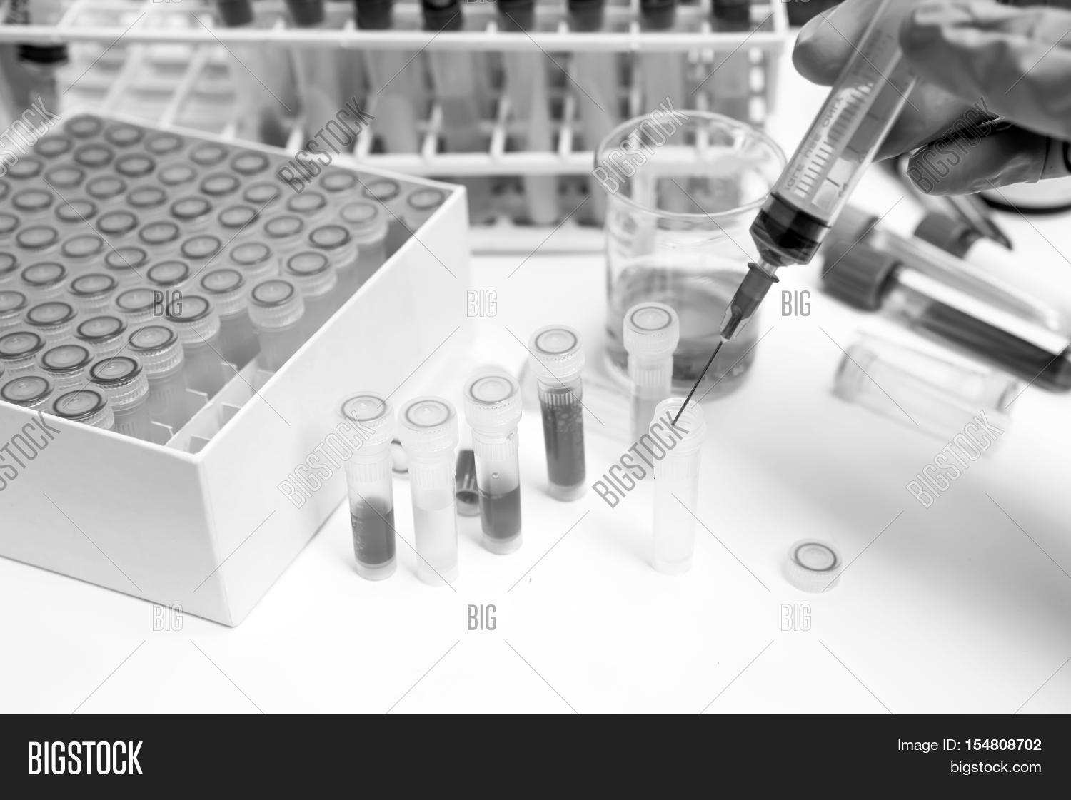 Black And White Micro Tubes In Laboratory, Blood, Urine In Freezer ...