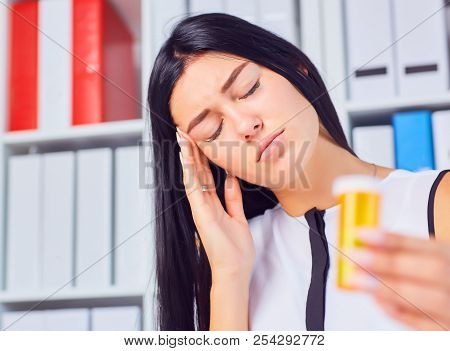 Sick Businesswoman Holding Medical Pills At Workplace, Suffering From ...