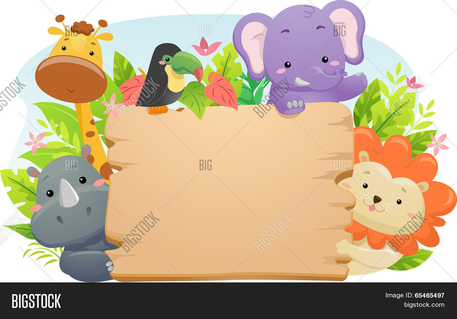 Illustration Featuring Cute Safari Animals Holding a Blank Wooden Sign ...