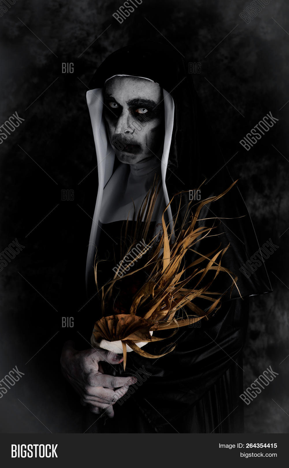 portrait of a frightening evil nun, wearing a typical black and white ...