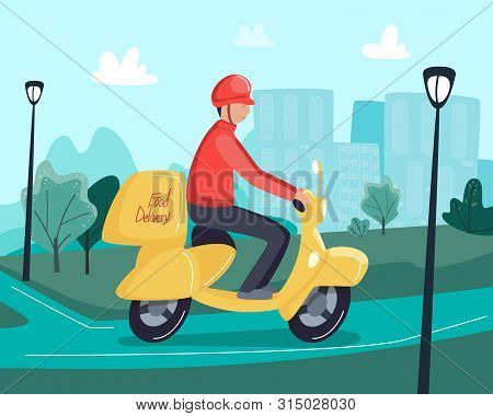 Food Delivery Concept. Man Riding On Scooter Or Motorcycle, Delivering Fast Food. Delivering ...