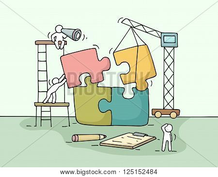 Sketch of working little people with puzzle teamwork. Doodle cute ...