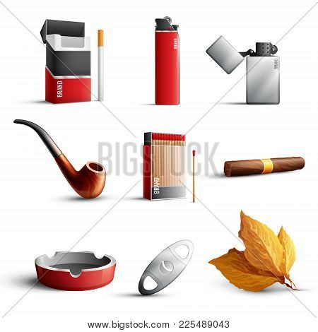 Traditional Tobacco Products Realistic Set With Cigarette Pack Matches ...