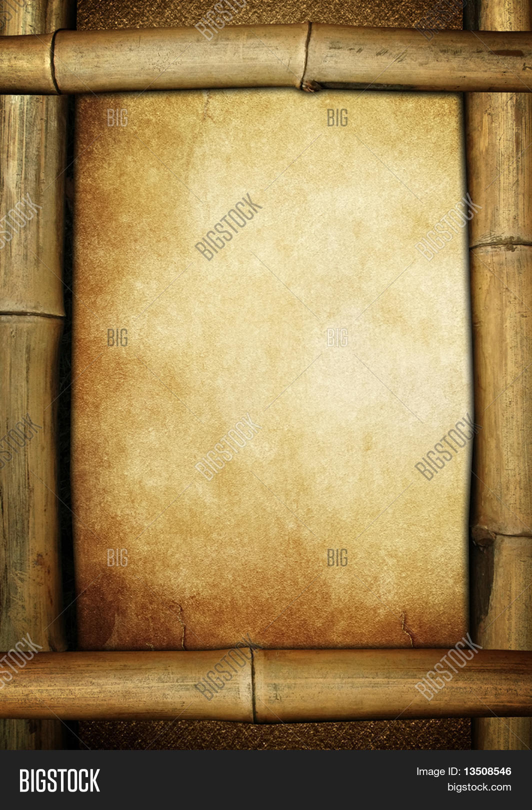 bamboo frame with vintage paper background image & stock photo. 13508546