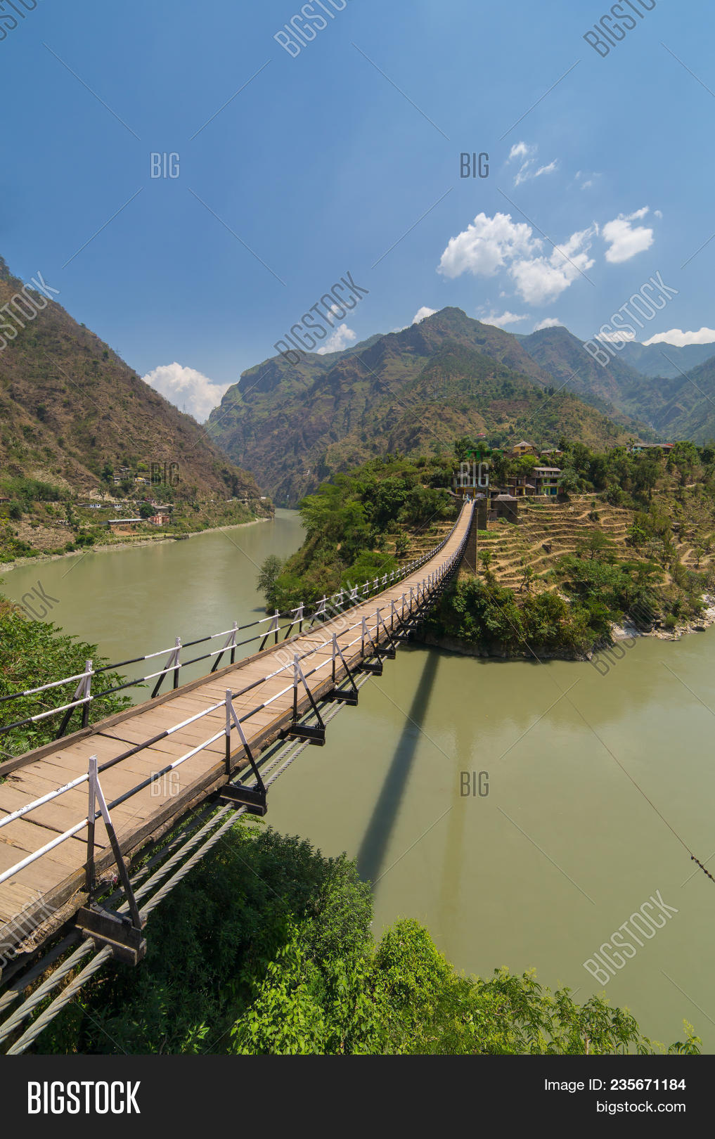 Beautiful wooden bridge over the Beas river in Aut Village in Kullu ...