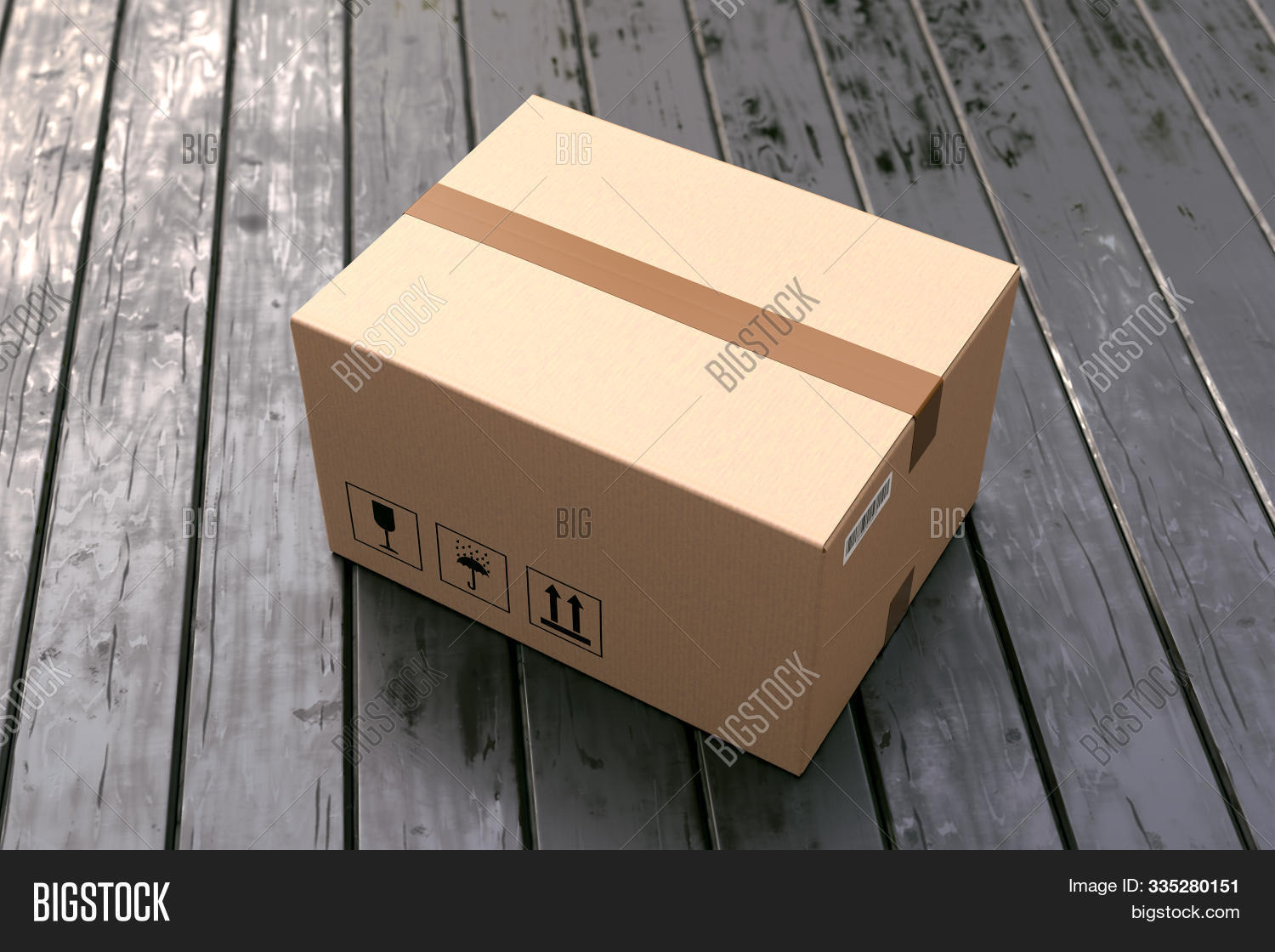 Cardboard Box On Porch Floor In Front Of Entrance Door. Doorstep Parcel ...