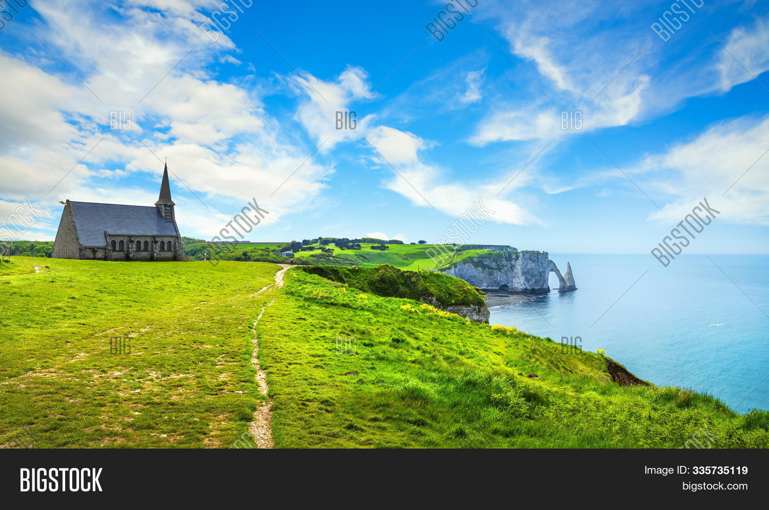 Etretat Village, Church Notre Dame De La Garde Chapel And Aval Cliff ...
