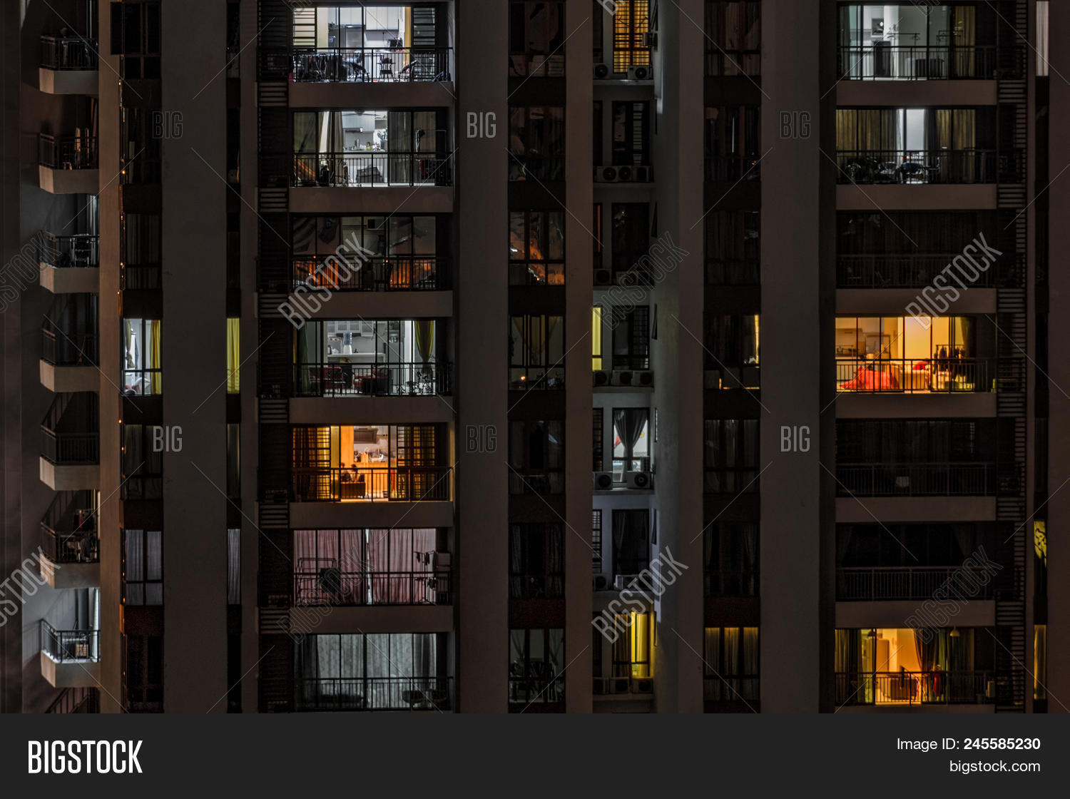 Background With Night Life In Big City - Front View Of Modern High-rise ...