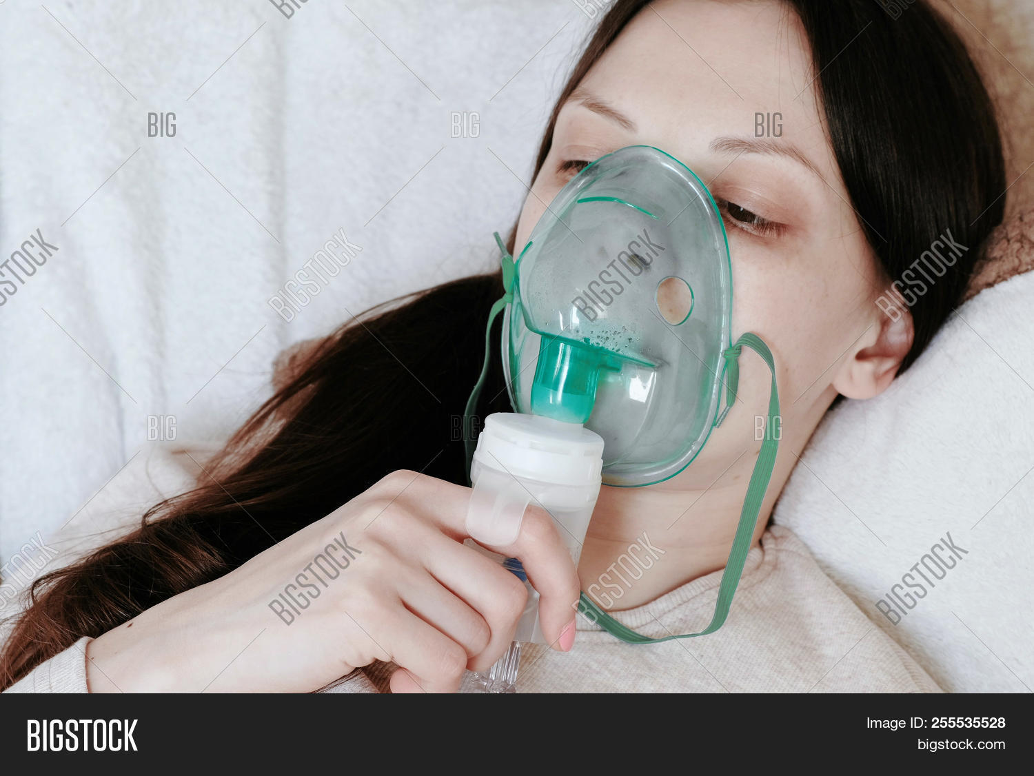 Use Nebulizer And Inhaler For The Treatment. Young Woman's Face ...