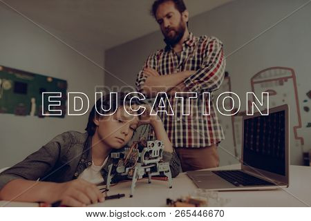 Father Is Severely Chartises Little Son. Robot Hurting. Family ...