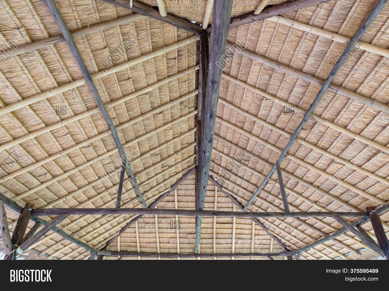 traditional bamboo roof structure. Roof made with leaves. Background ...