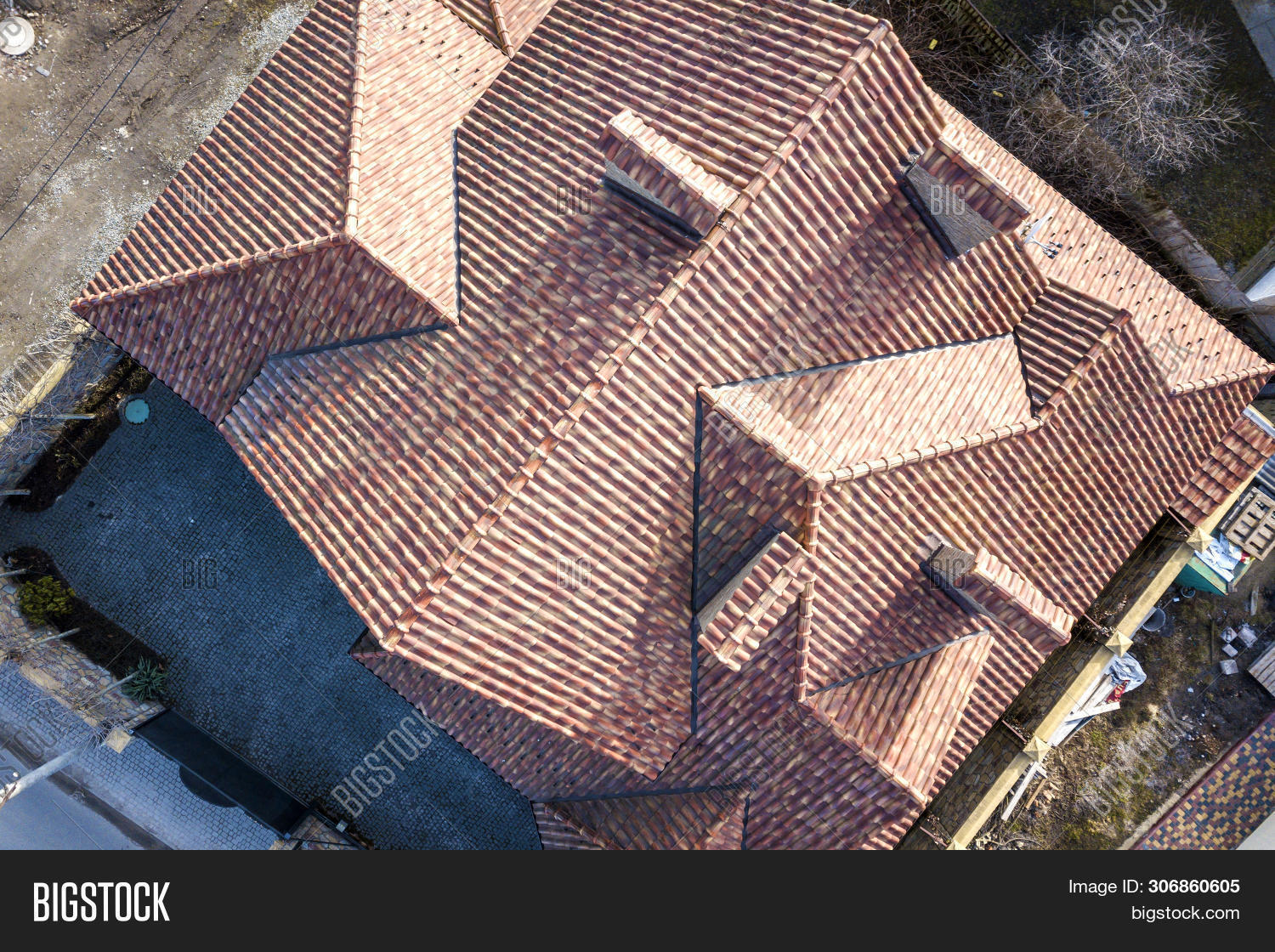 Top Aerial View Of Building Complex Shingle Roof Construction. Abstract ...