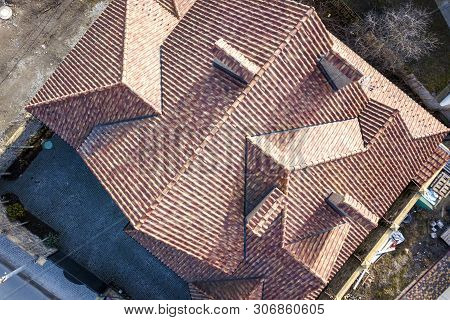 Top Aerial View Of Building Complex Shingle Roof Construction. Abstract ...