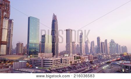 Beautiful aerial view with sky from top to sunrise and city futuristic ...