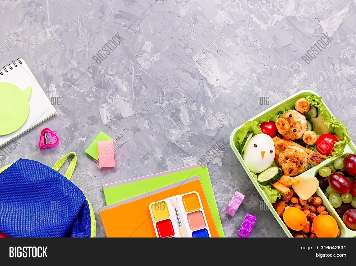 School Supplies And Lunchbox With Food For Kids. Colorful Stationery ...