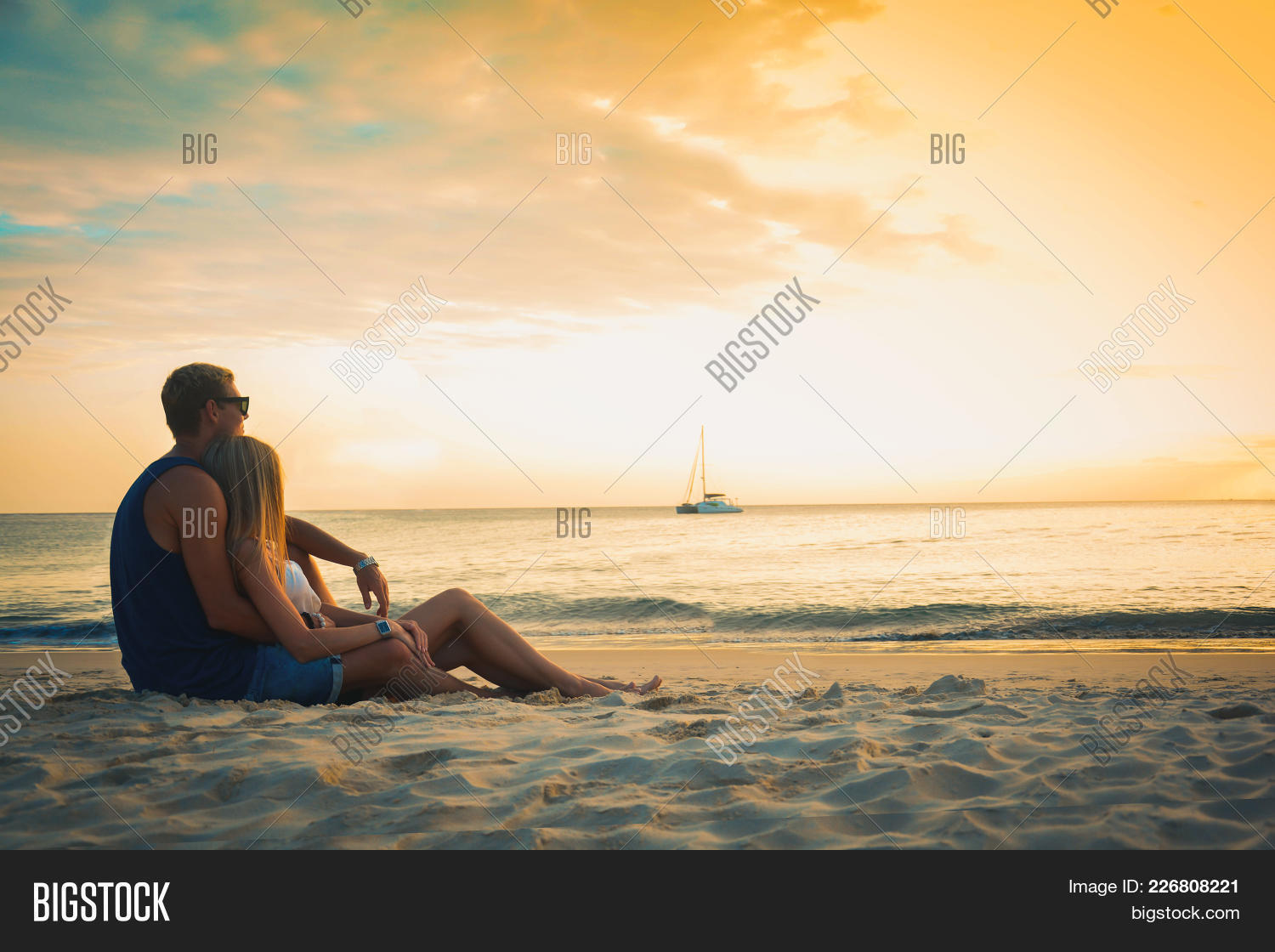Couple On Beach At Sunset Summer Vacation, Beautiful Young People In ...