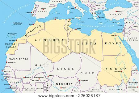 North Africa Region, Political Map. Yellow Colored Area, With Capitals ...