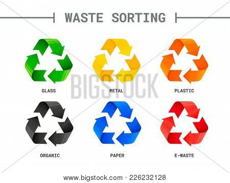 Waste Sorting, Segregation. Different Colored Recycle Signs. Waste ...