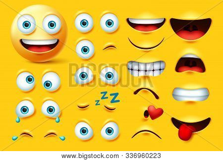 Emoticon Character Creation Vector Set. Emoji Face Kit Eyes And Mouth ...