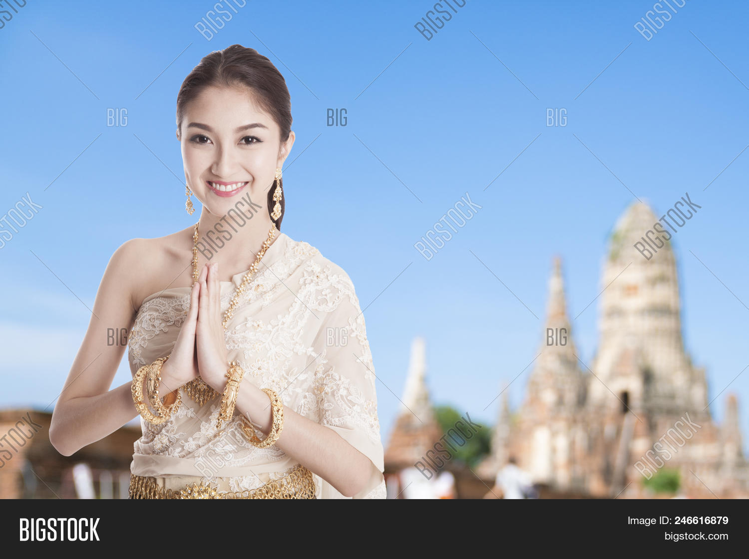 Thai Woman In Thai Dress Costume Traditional In A Welcome Pose, Hello ...