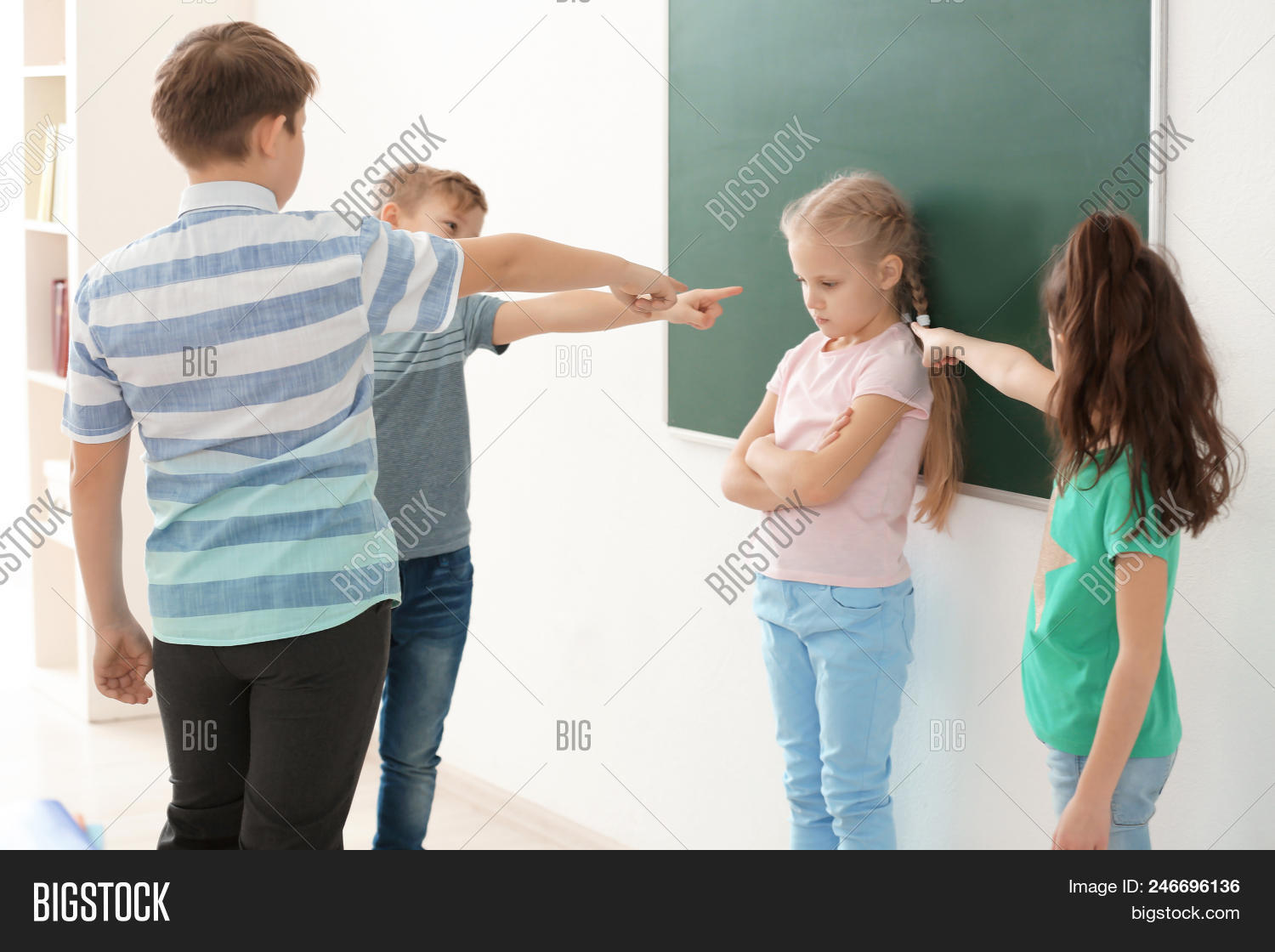 Children bullying their classmate in school image & stock photo. 246696136