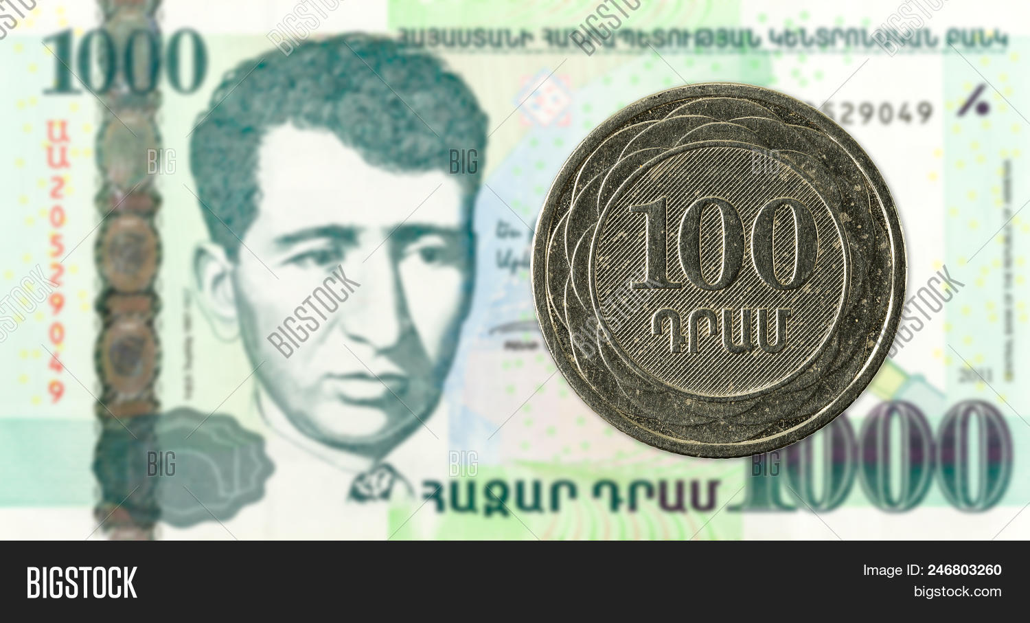 100 Armenian Dram Coin Against 1000 Armenian Dram Bank Note Obverse ...