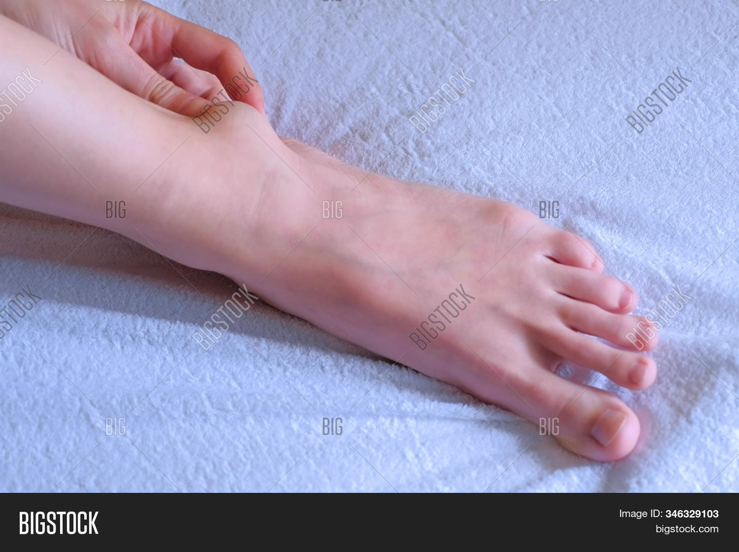 Woman Palpates Hand Leg Ankle Hygroma In Joint, Foot Closeup View On ...