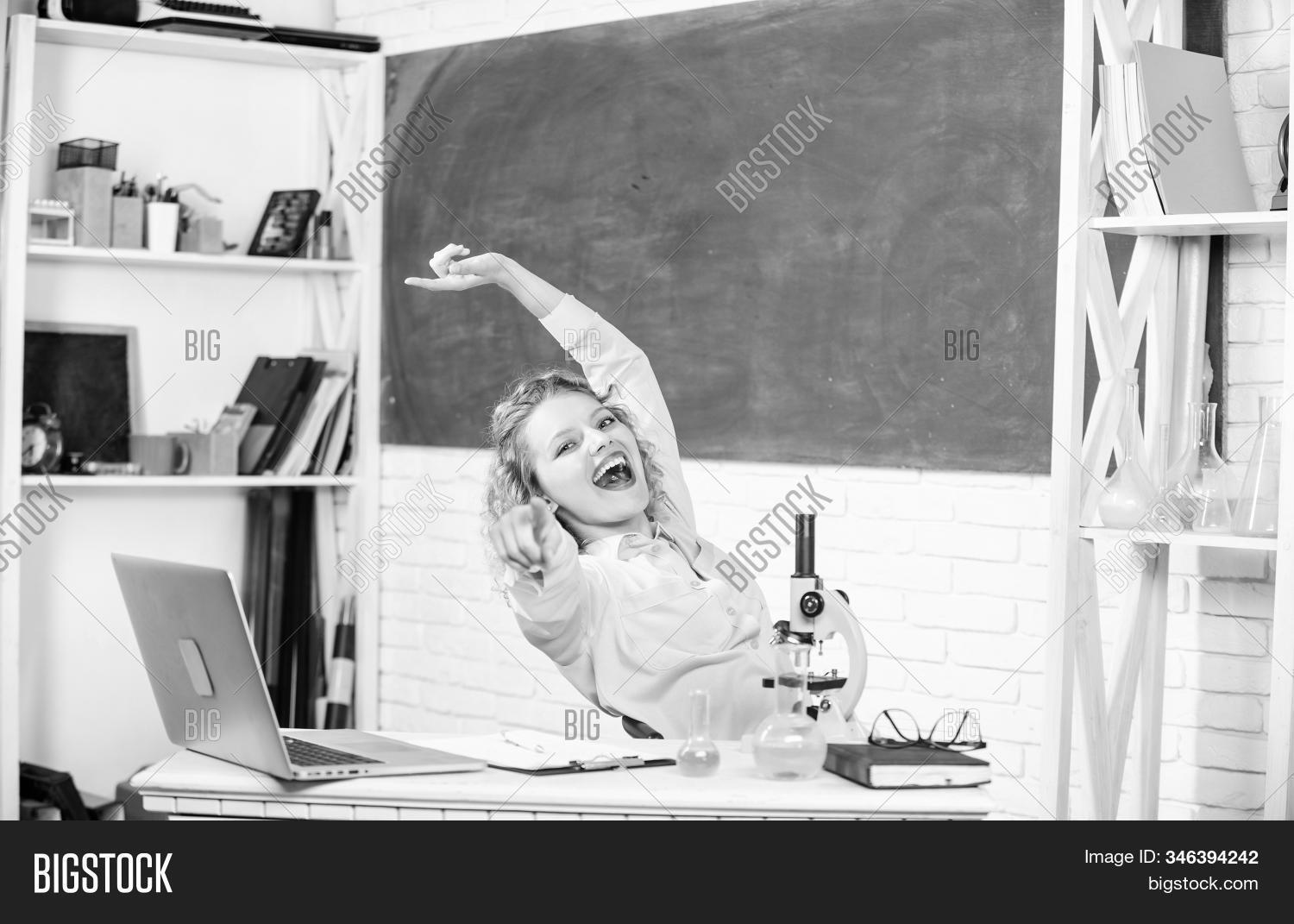 Teacher Adorable Woman Try To Relax In Classroom. Just Relax. Find Way ...