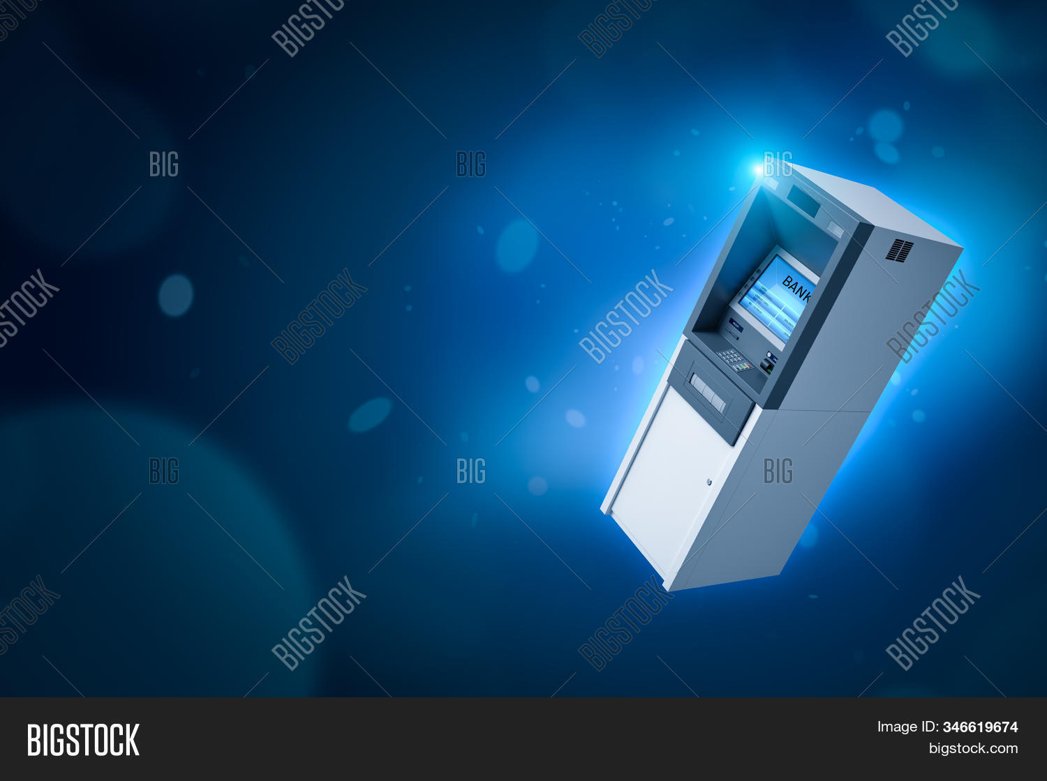 3d Rendering Of An Atm Suspended In Air On Blue Gradient Bokeh ...