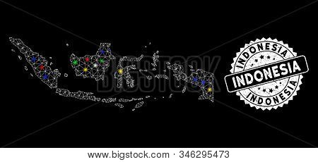 Bright Mesh Indonesia Map With Glow Effect, And Rubber Print. Wire ...