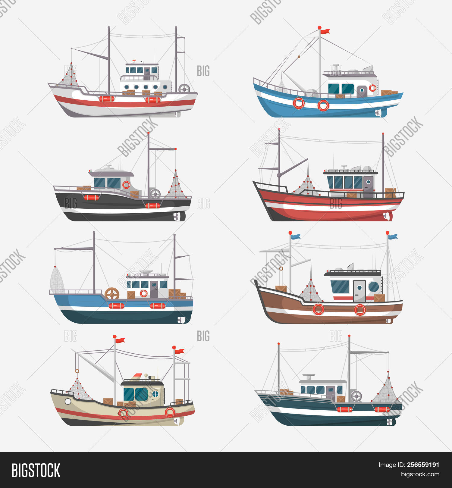 Fishing Boats Side View Isolated Set. Commercial Fishing Trawlers For ...