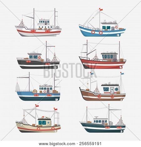 Fishing Boats Side View Isolated Set. Commercial Fishing Trawlers For ...